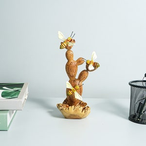 Bee Comb on Cactus Statue, Bees Figurine, Wood Carving, Painted Bee ...