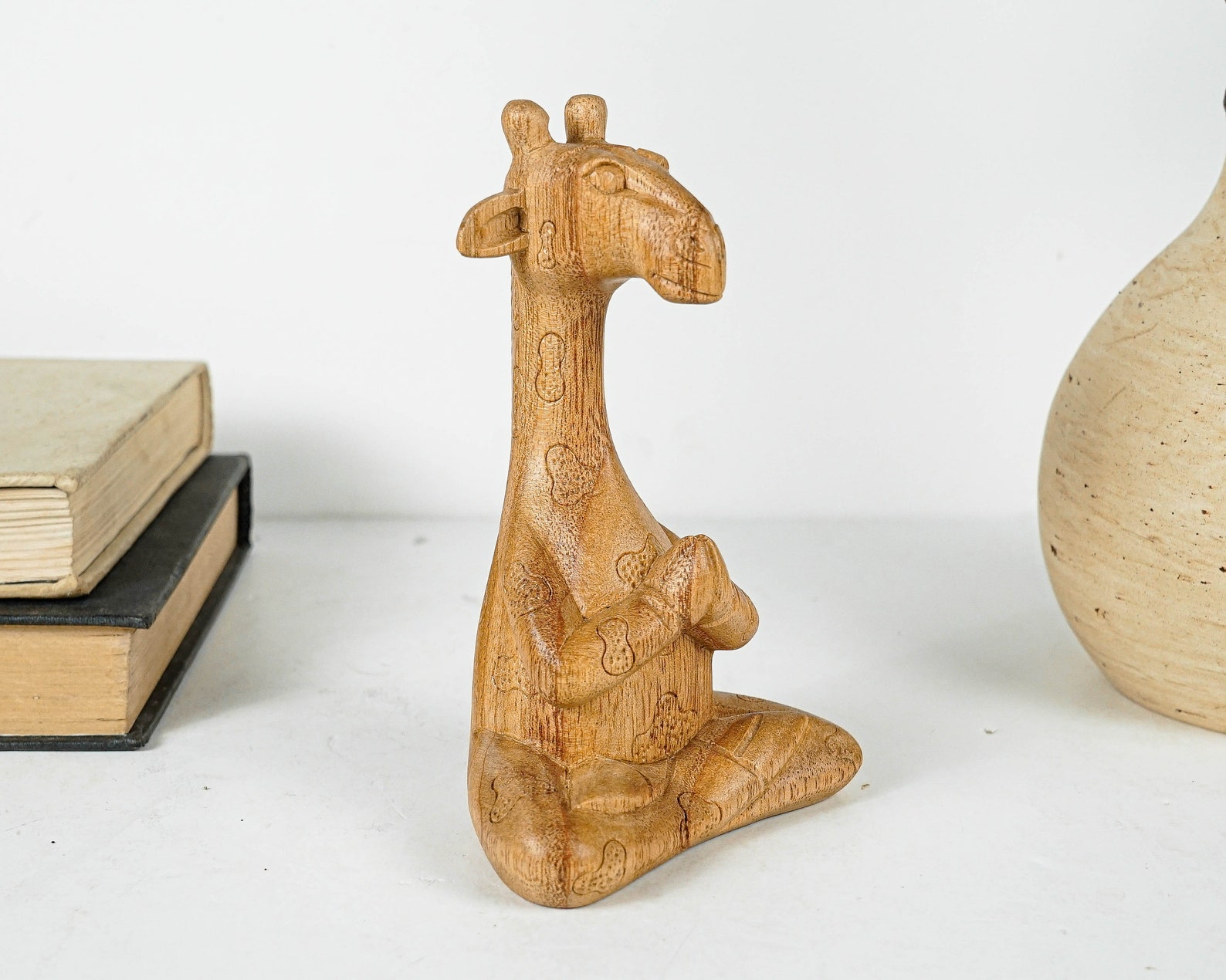 Meditating Giraffe Sculpture, Animal, Yoga, Wood Carving, Wooden Base ...