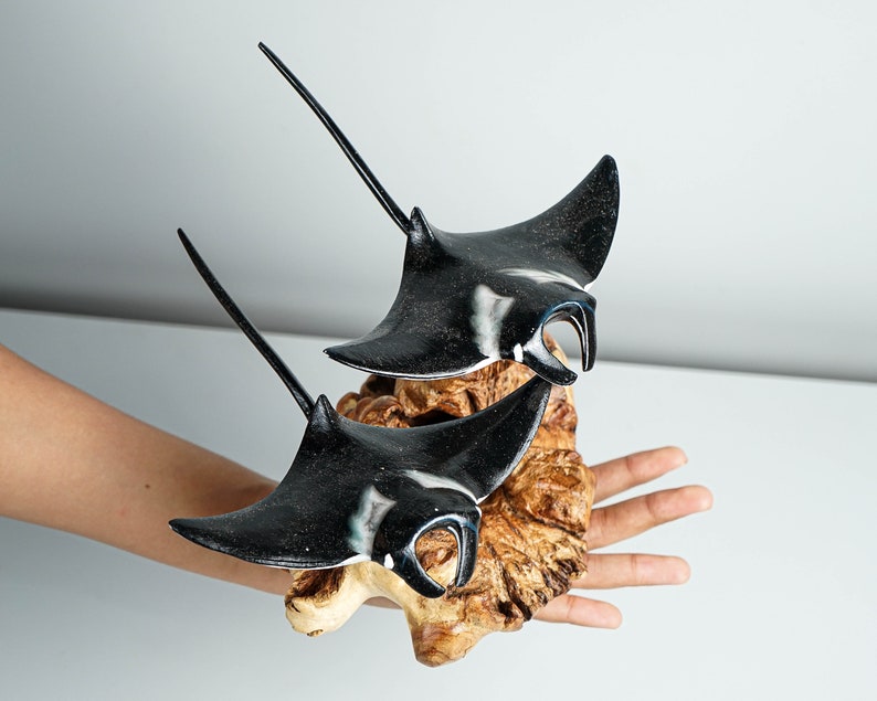 Black Manta Ray Duo Statue Wooden Art Painted Unique | Etsy