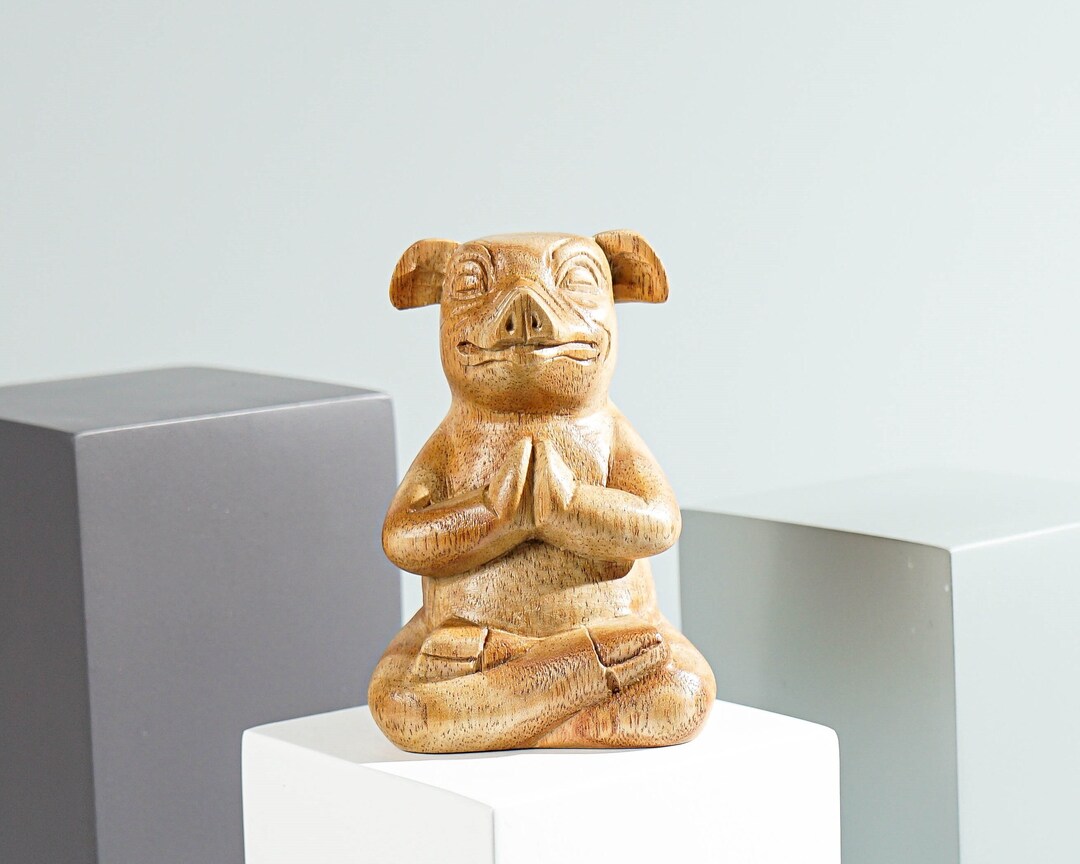 Meditating Pig Sculpture, Animal Figurine, Yoga, Parasite Wood Base ...