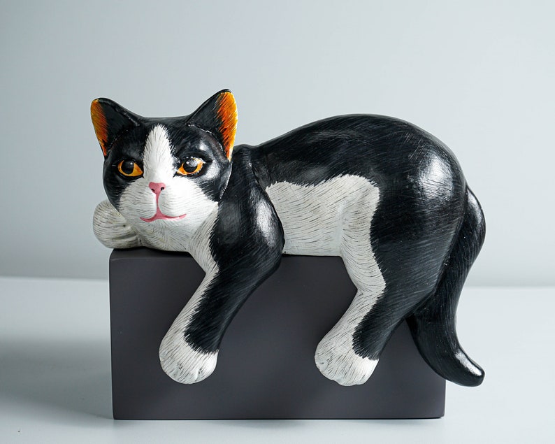 Black White Cat Figurine Wood Carving Beautiful Cat Statue - Etsy