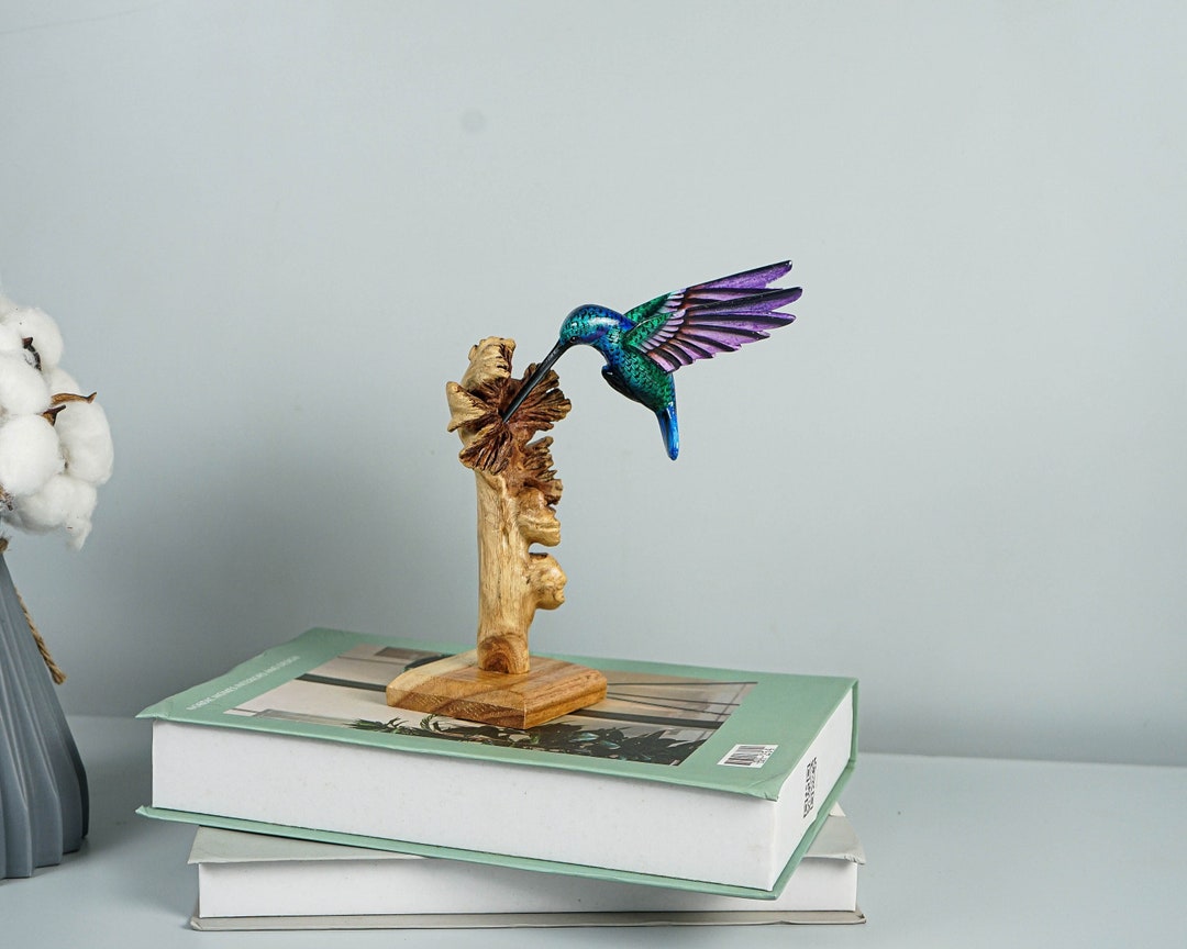 Green Hummingbird Statue, Blue, Painted Sculpture, Wood Carving Figure ...