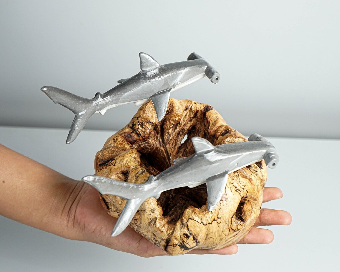 Grey Hammerhead Shark Duo Statue, Wooden Art, Painted, Woodland, Unique ...