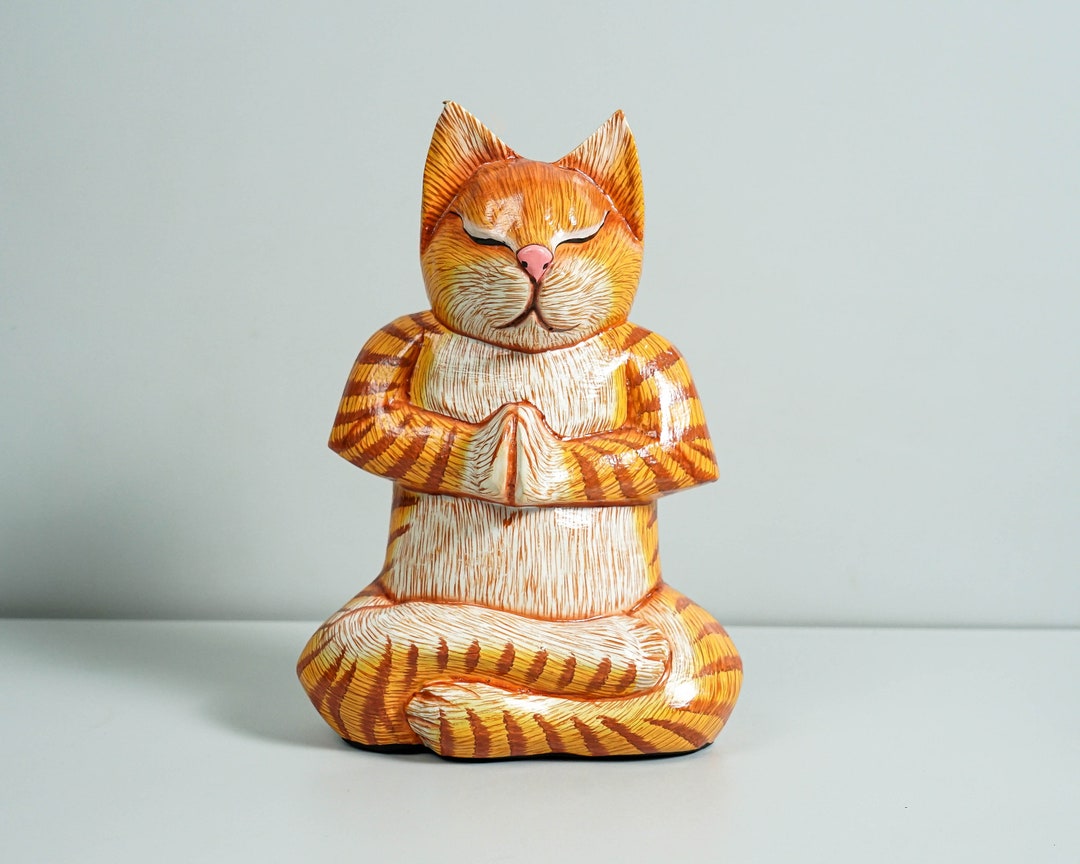 Meditating Cat Statue, Painted Cat Statue, Wood Carving, Cat Yoga ...