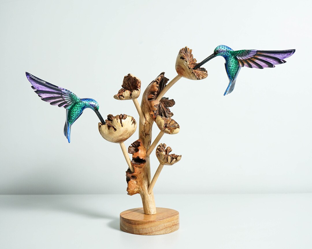 Couple Green Hummingbird Statue, Blue, Painted Sculpture, Wood Carving ...