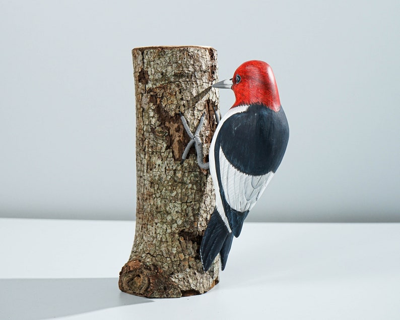 Red Headed Woodpecker Statue, Bird Sculpture, Natural, Decorative, Wood ...
