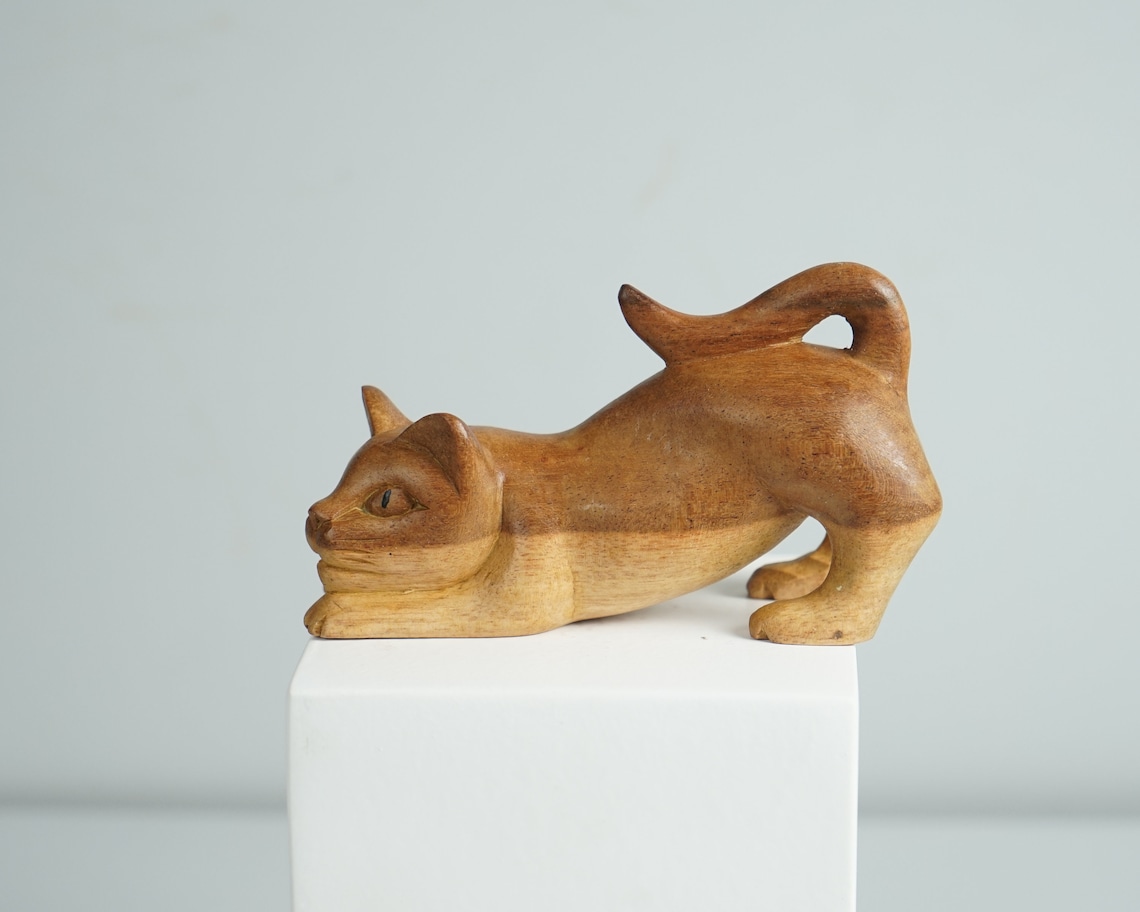 Wooden Cat Figurine, Animal Statue, Wood Carving, Handcrafted, Unique ...