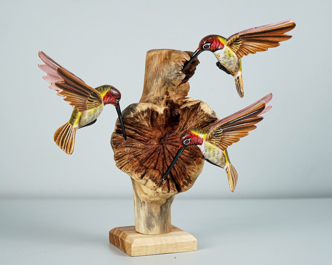 Colorful Hummingbirds Statue, Three Birds, Painted Wooden Animal, Wood ...