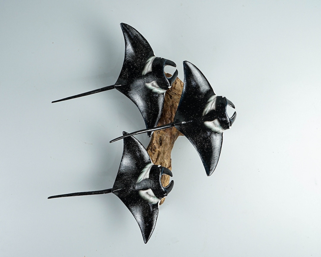 Black Manta Ray Trio Wall Statue, Hanging Sculpture, Handcrafted ...