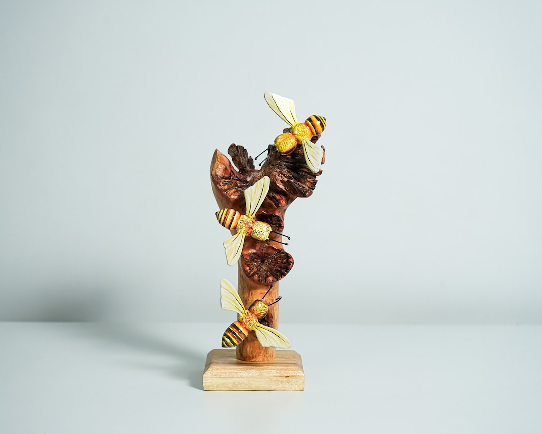 Bee Comb Statue, Bees Figurine, Wood Carving, Painted Bee, Handmade ...