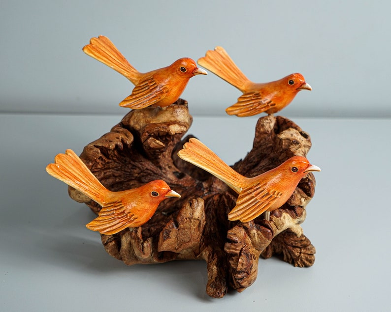 Red Canary Family Statue, Painted Canary, Bird Nest Sculpture ...