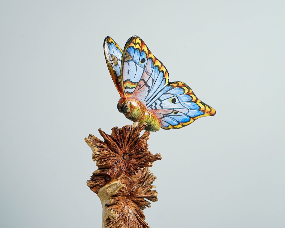 Blue Butterfly Figurine, Personalized, Wood Carving, Painted Statue ...