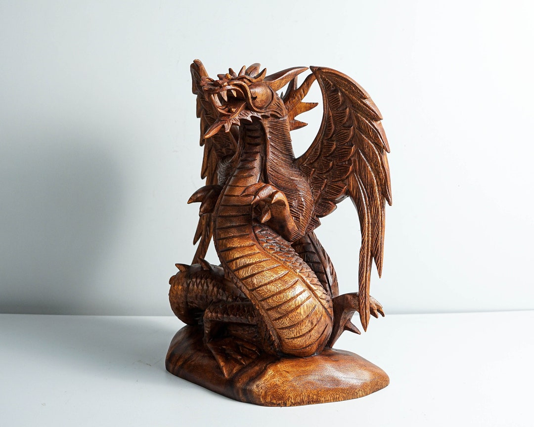 Wooden Dragon With Wings Unfolded, Unique Dragon Statue, Mystical ...