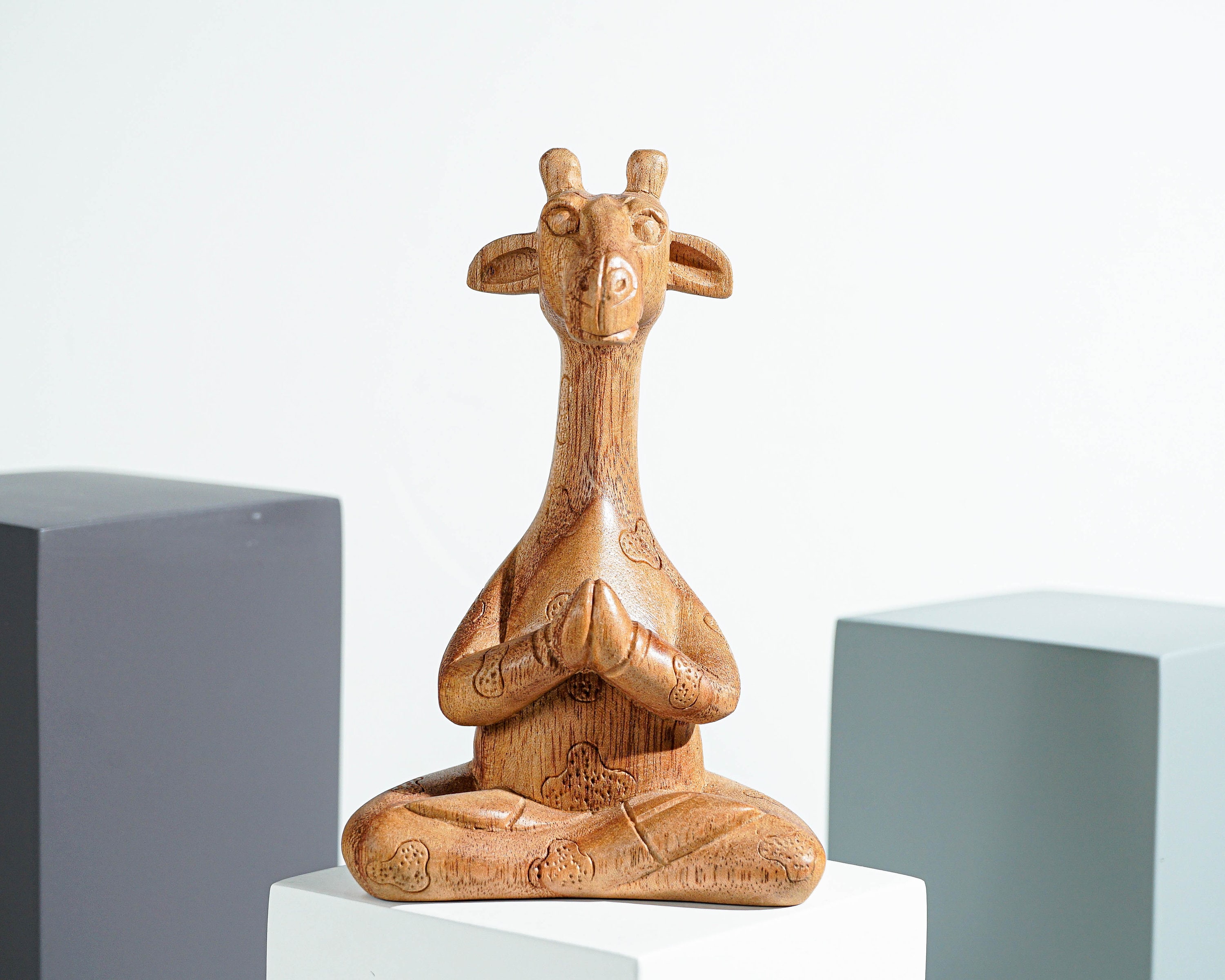 Meditating Giraffe Sculpture, Animal, Yoga, Wood Carving, Wooden Base ...