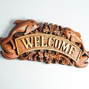 Welcome Sign, Wall Hanging Sculpture, Dolphin Welcome Sign Statue, Wood ...