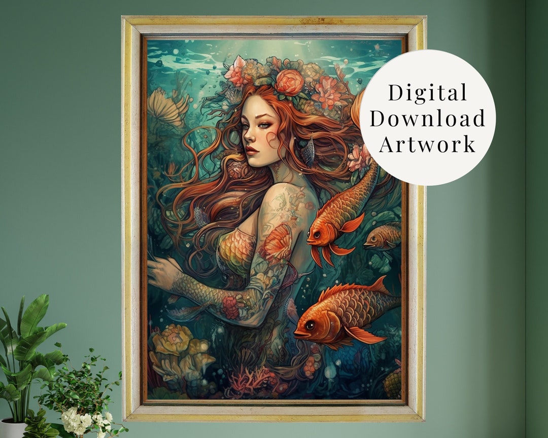 Mermaid Digital Print, Wall Decor, Tattooed Mermaid Poster, AI ...