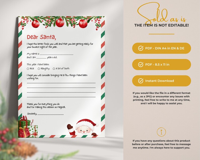 Letter to Santa Printable PDF Christmas Wish List for Kids DIY Santa ...