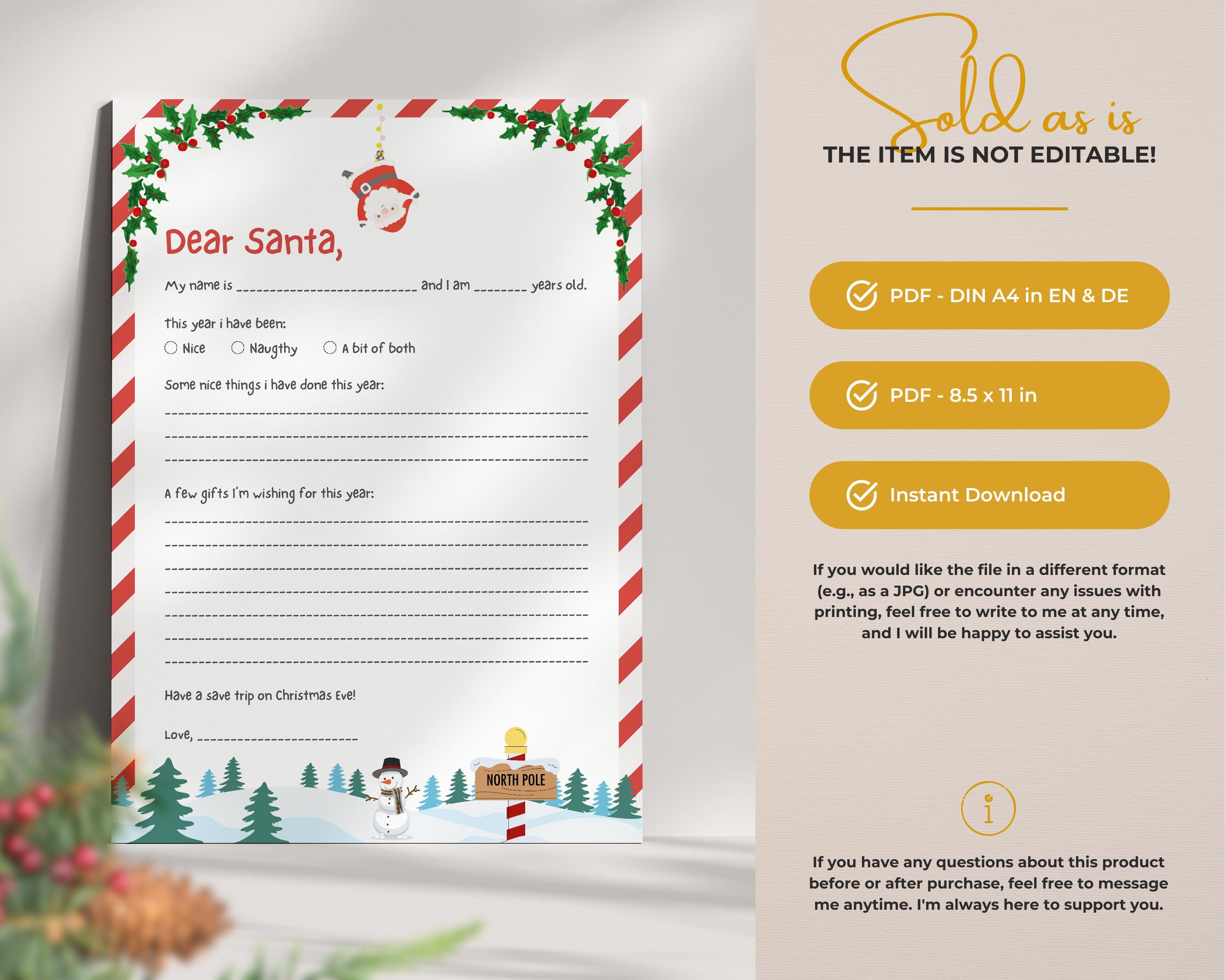 Letter to Santa - Printable PDF - Christmas Wish List for Kids - DIY ...