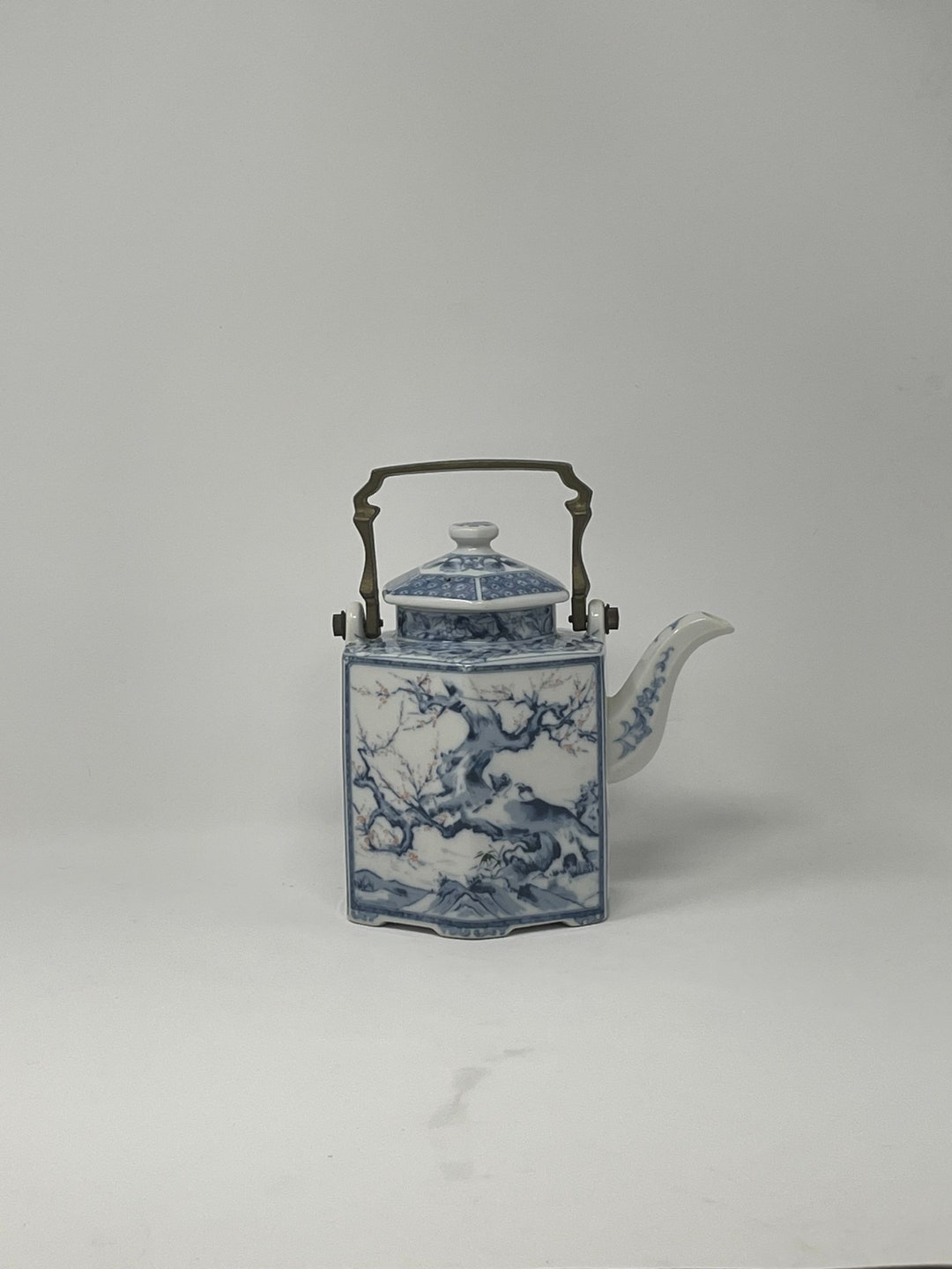 Dolphin Dynasty China Blue Octagonal Teapot With Brass Handle - Etsy