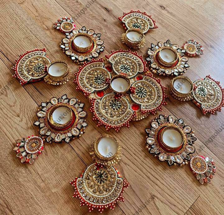 Bejewelled 9 Pieces Rangoli Tea Light Candle Holder Kundans Reusable ...