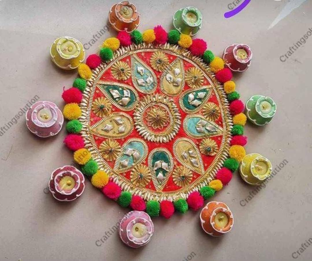 Matka Wax Diya Rangoli Combo Centerpiece Candle Woolen Handmade Indian ...