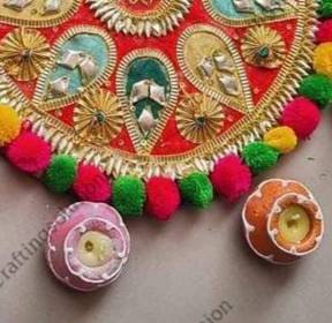Matka Wax Diya Rangoli Combo Centerpiece Candle Woolen Handmade Indian ...