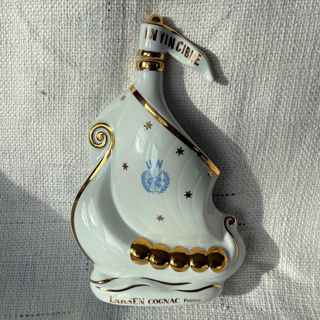 Larsen Cognac Limoges ‘invincible’ Viking Ship Liquor Bottle Decanter With United Nations Flag ...