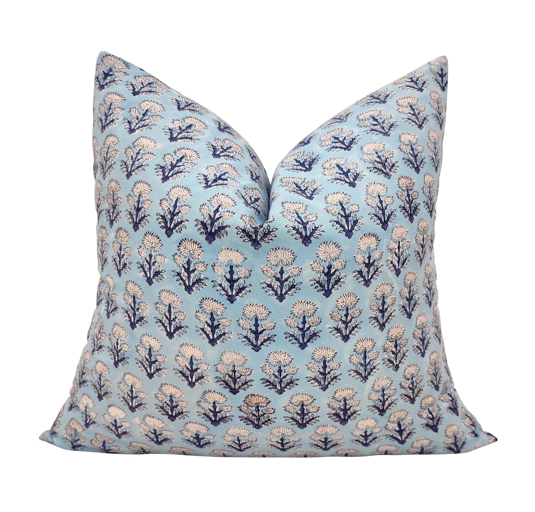 Hand Block Print Pillow Cover: Organic Cotton Floral Sham, Sky Blue ...