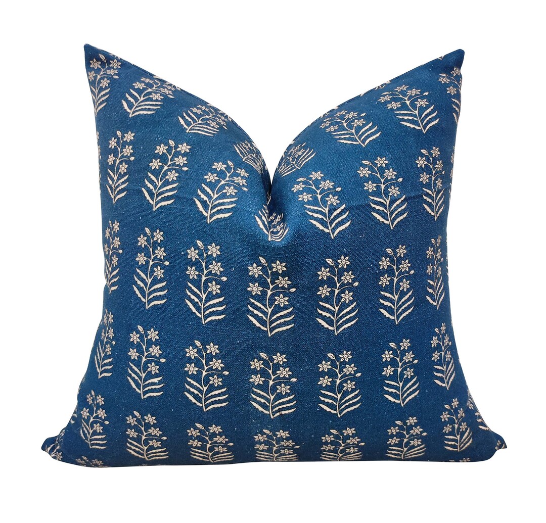 Handmade Blue Floral Cushion Cover: Block Print Cotton Throw Pillow - Etsy