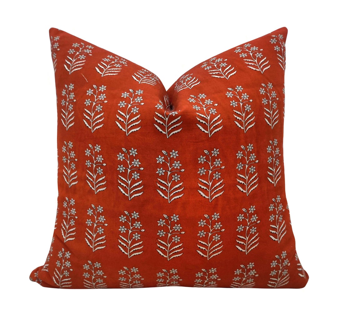 Handmade Poppy Floral Cushion Cover: Red & White Block Print Pillow - Etsy