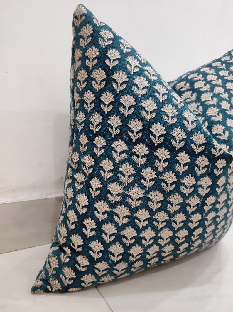 Teal Floral Pillow Cover: Block Print Natural Cotton, Modern Farmhouse ...