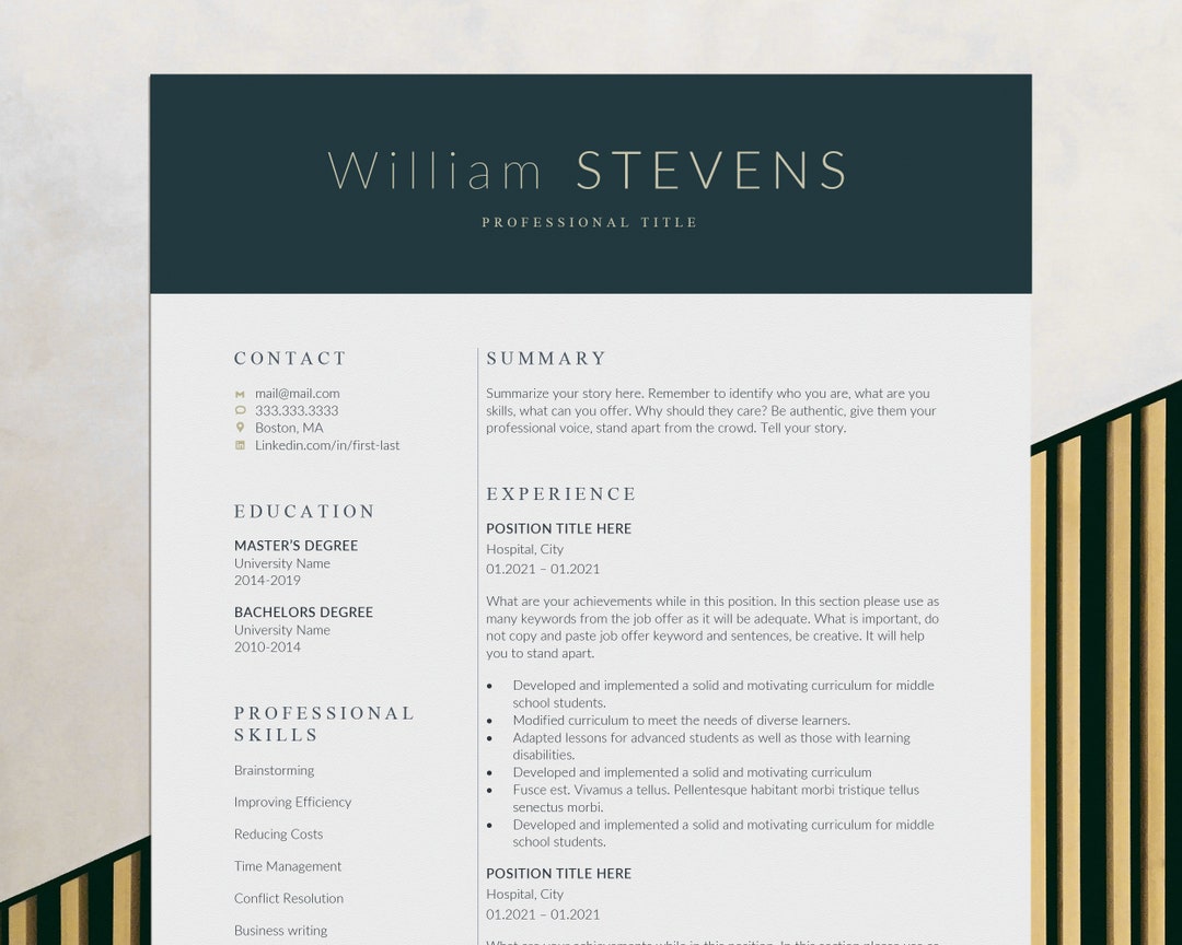 Sleek Resume Template, Modern Cv Template Word, Professional Executive ...