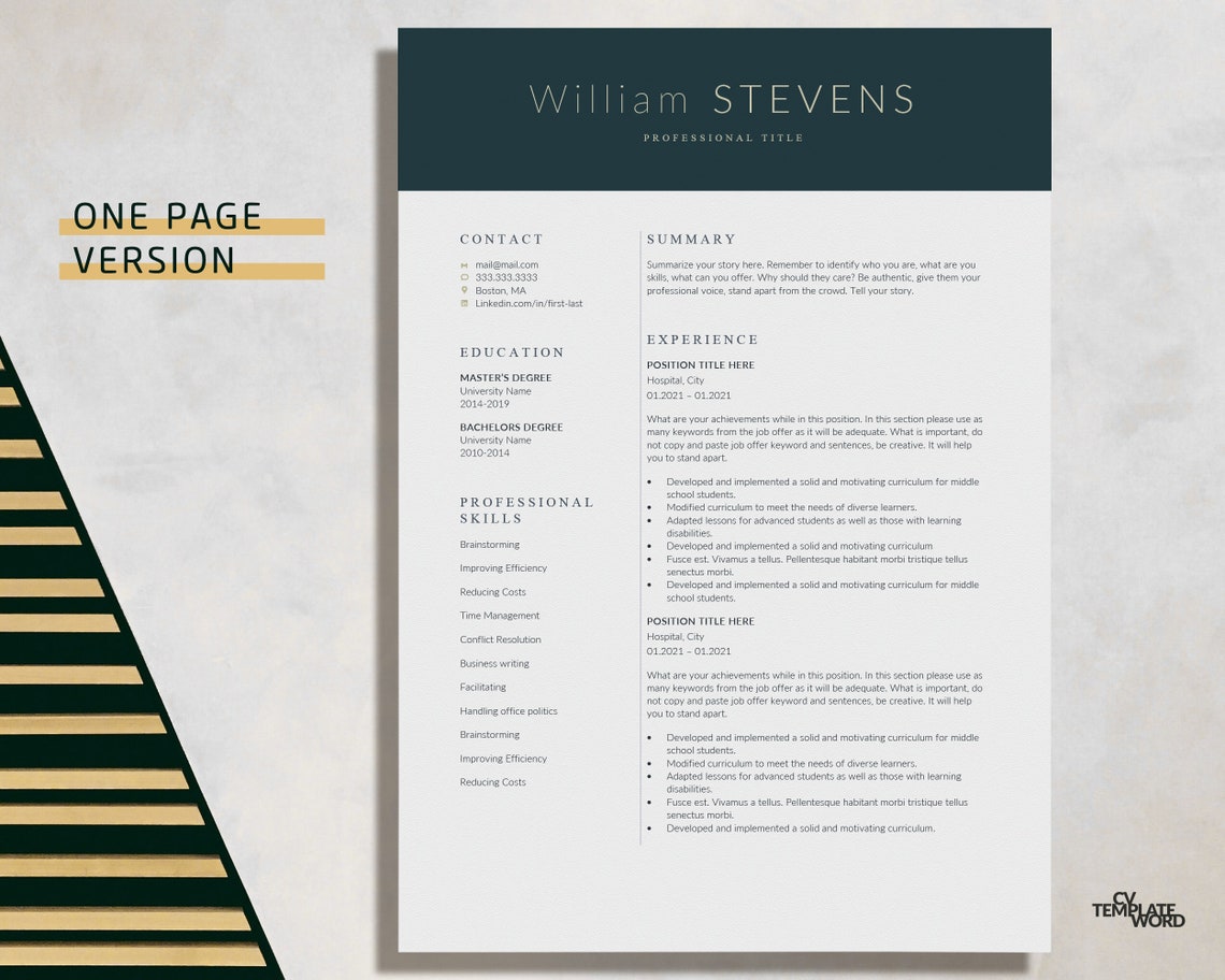 Sleek Resume Template, Modern Cv Template Word, Professional Executive ...