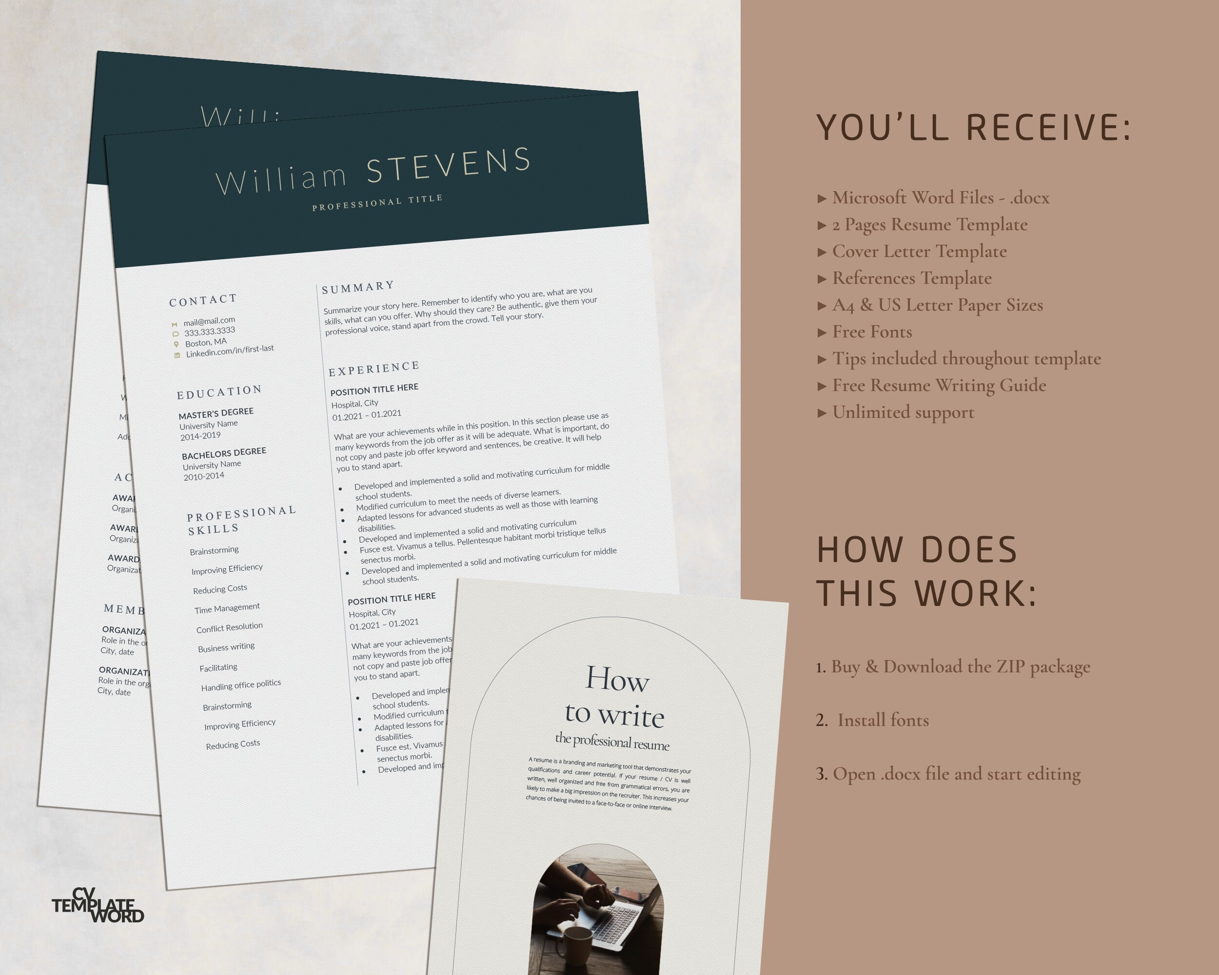Sleek Resume Template, Modern Cv Template Word, Professional Executive ...