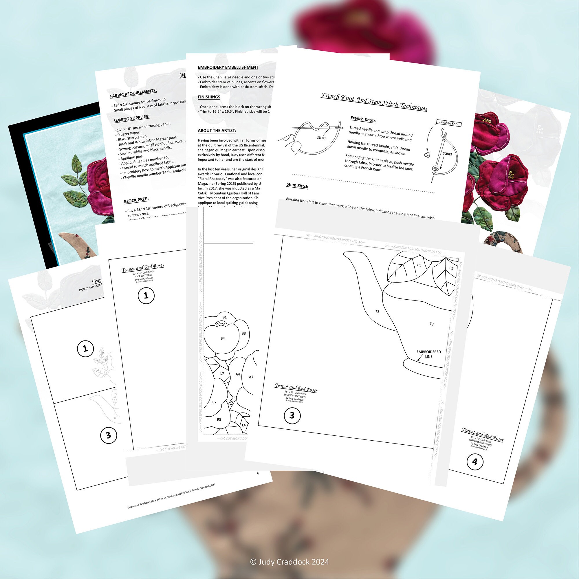 Teapot and Red Roses PDF Appliqué Quilt Block Pattern - Etsy