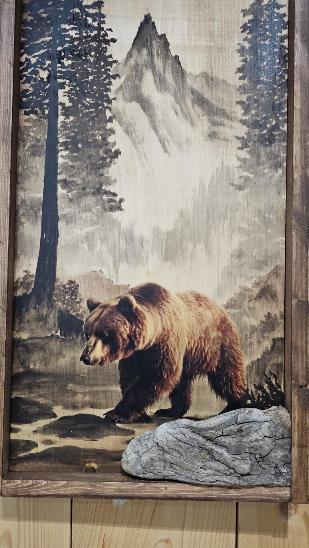 Custom Made to Order Grizzly Bear 25" by 12" Framed Handmade Wall Art ...
