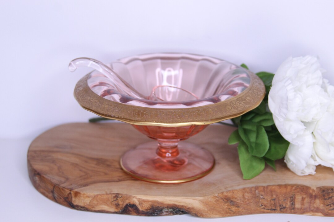 Vintage Rose Depression Glass Pedestal Mayo Dish and Ladle With Gold ...