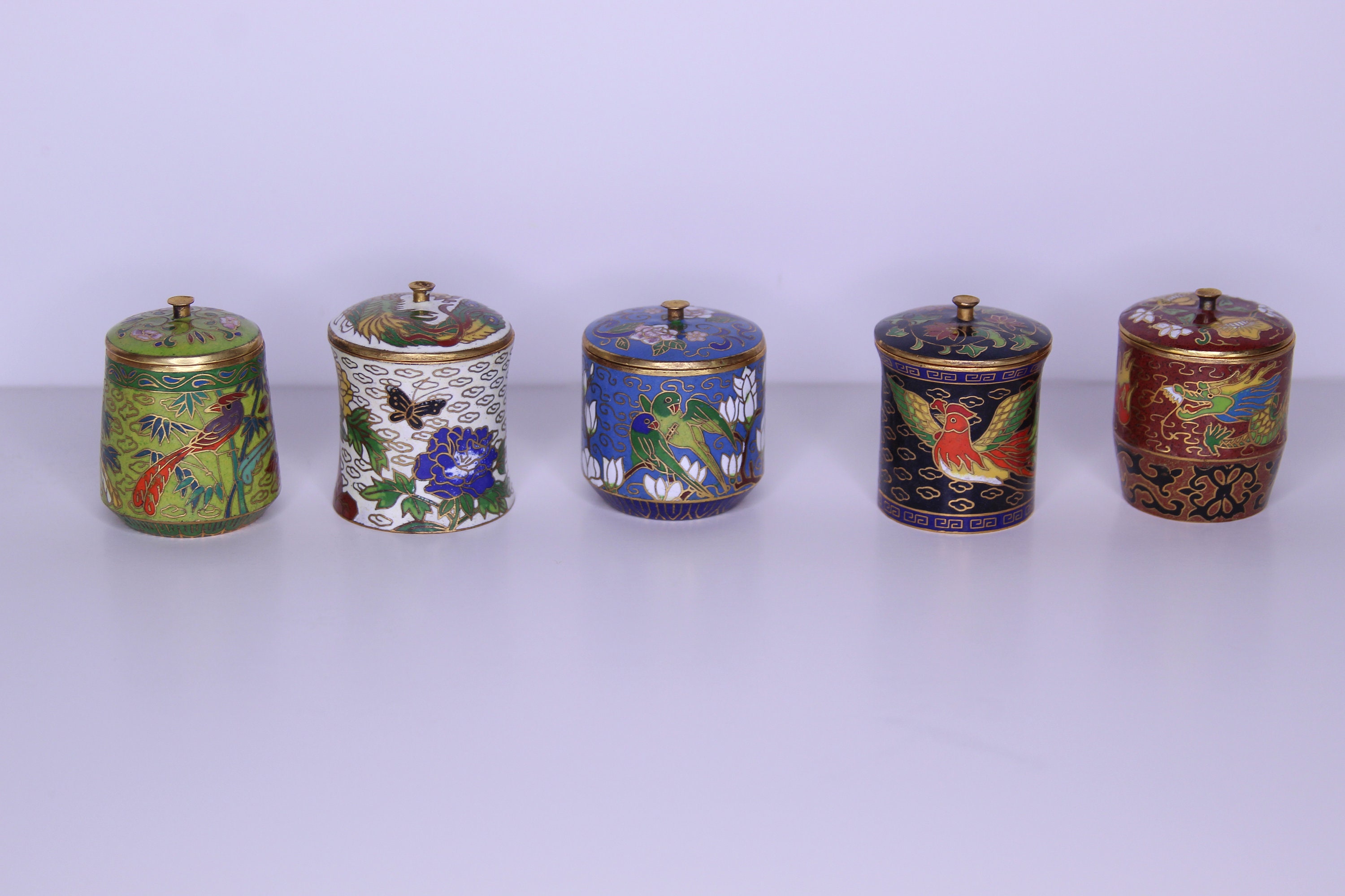 Vintage Box of 10 Chinese Lidded Cloisonné Jars With Lids, Chinese ...