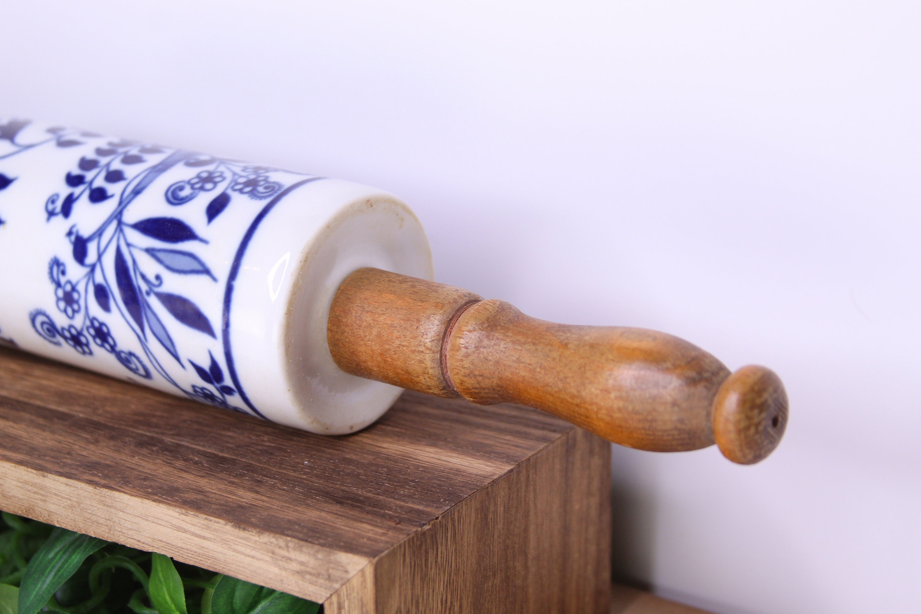 Antique Blue Onion Porcelain Rolling Pin With Wood Handles, 16 Long ...