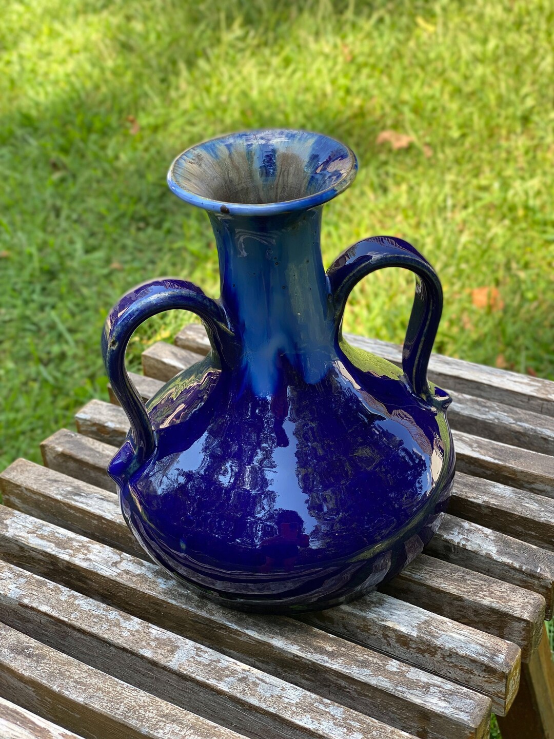 Cobalt Blue Drip Glaze Pottery Vase, Two Handles, Pottery Mark, F.G., 8 ...
