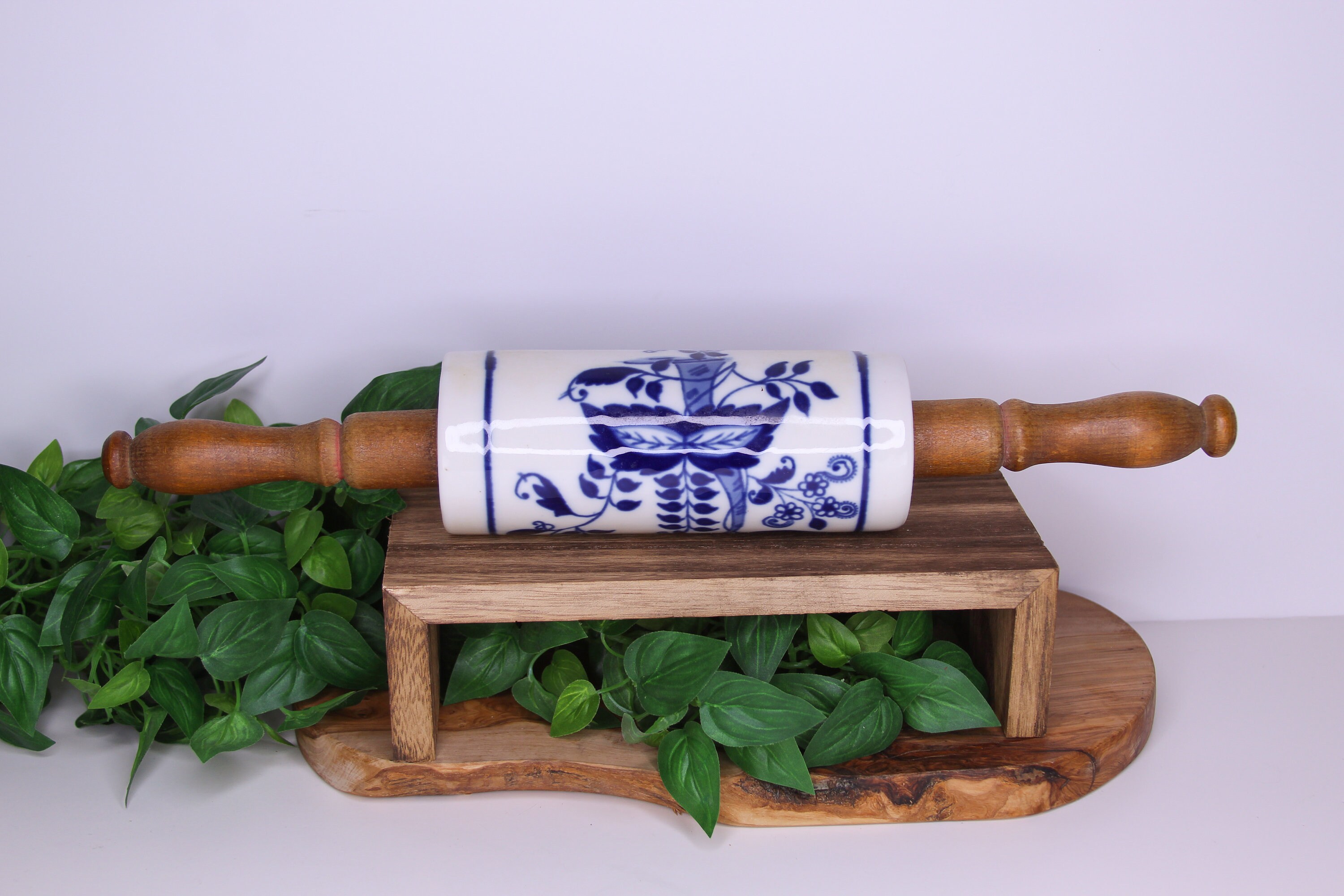 Antique Blue Onion Porcelain Rolling Pin With Wood Handles, 16 Long ...