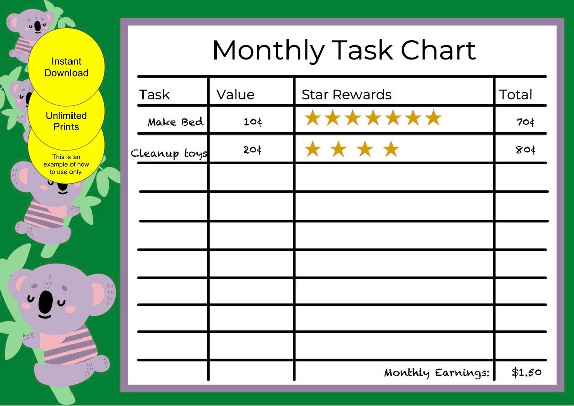 Monthly Task Chart Tracker for Kids Math Fun | Etsy