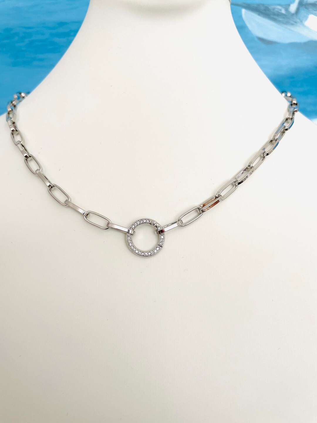 Pave Clasp Ring Custom White Gold Filled Paperclip Chain Link Necklace ...