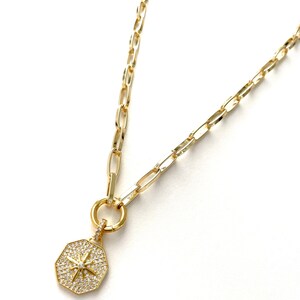 18k Gold Filled Paperclip Chain Pave North Star Compass Pendant Charm ...