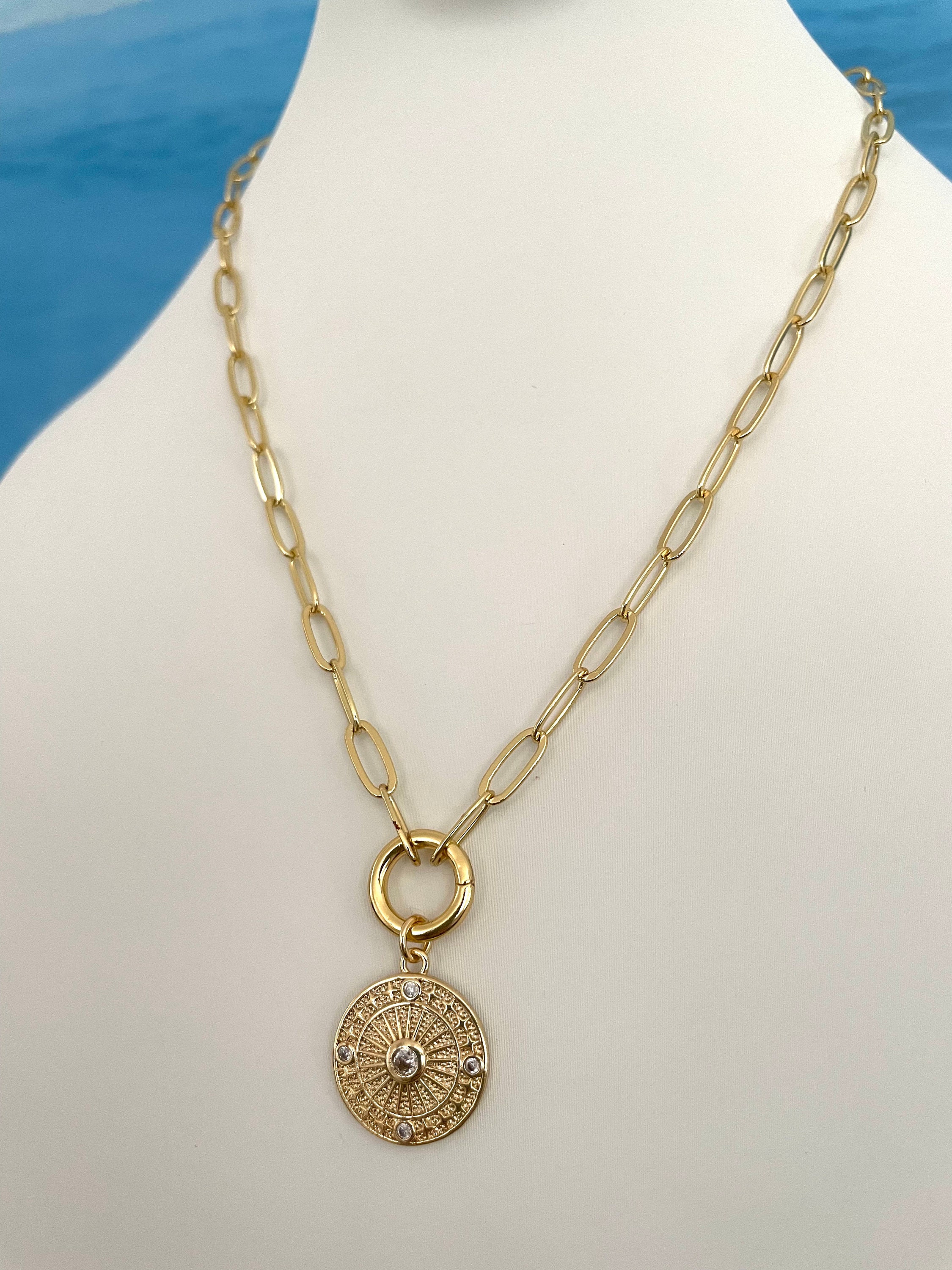 18k Gold Filled Radial Compass Coin Chain Pendant Charm Necklace ...