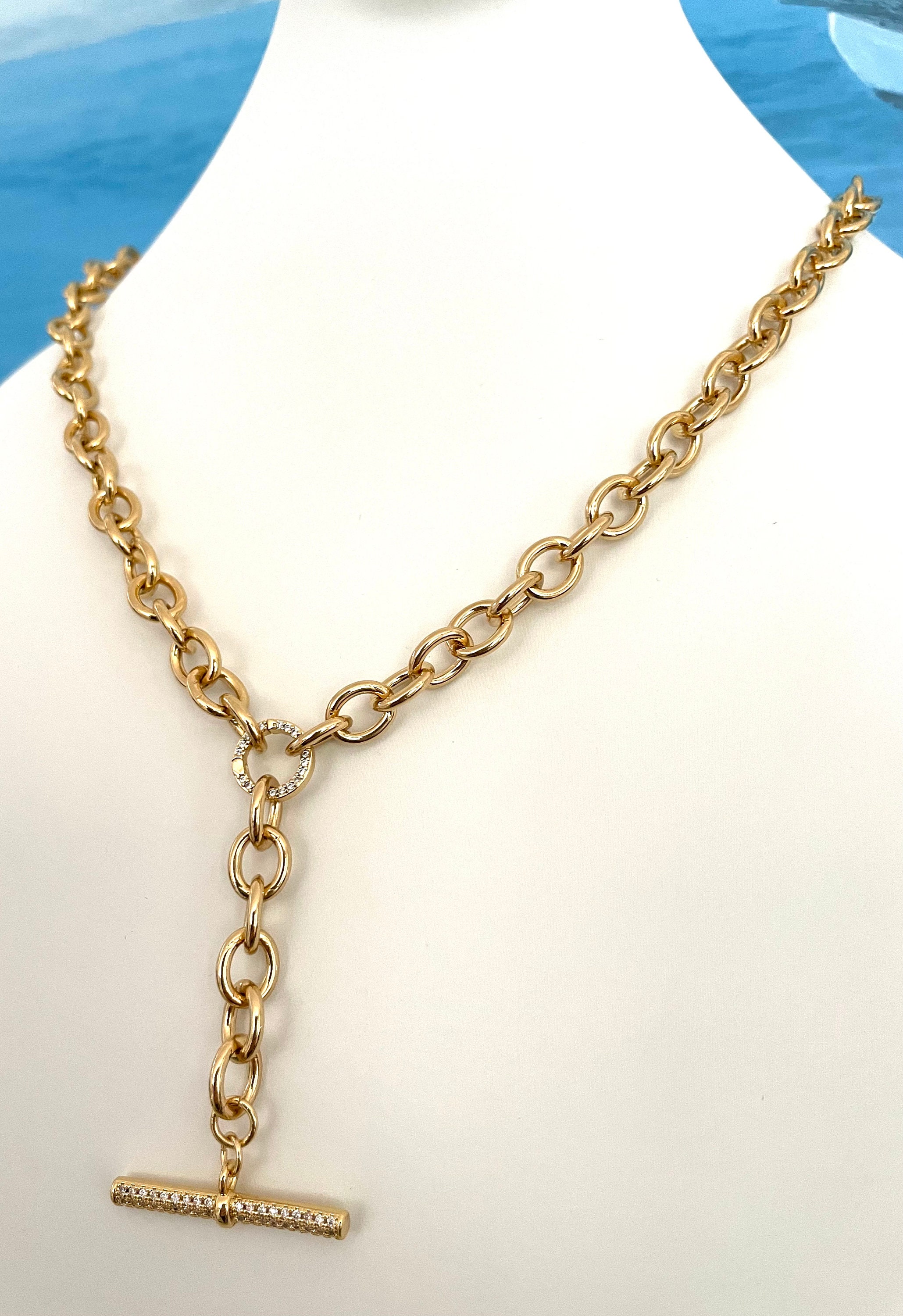 Chunky T Bar 18k Gold Filled Oval Chain Link Necklace Circle - Etsy
