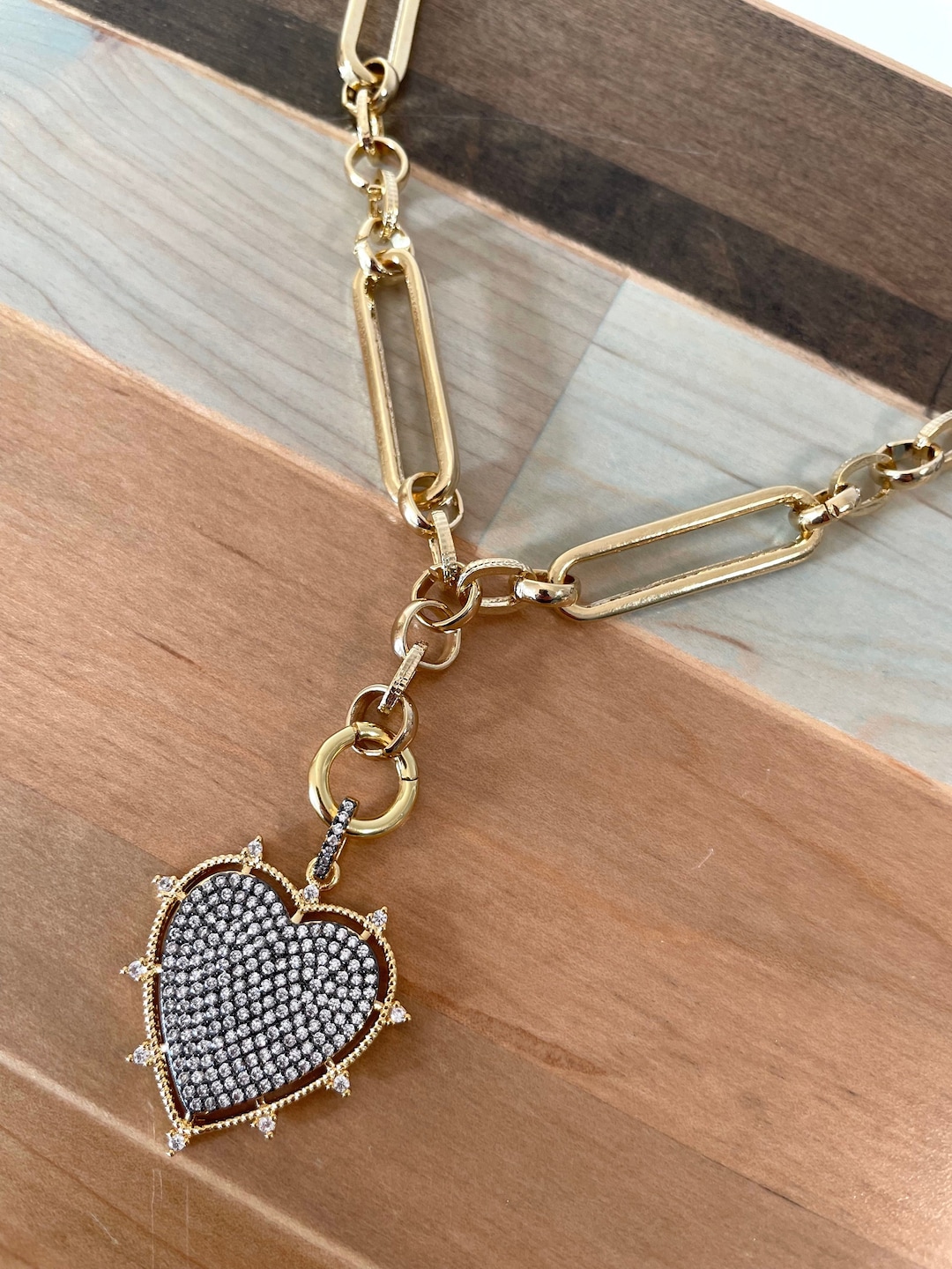 Chunky Custom Heart Necklace • Trombone Link Chain • Charm Holder ...