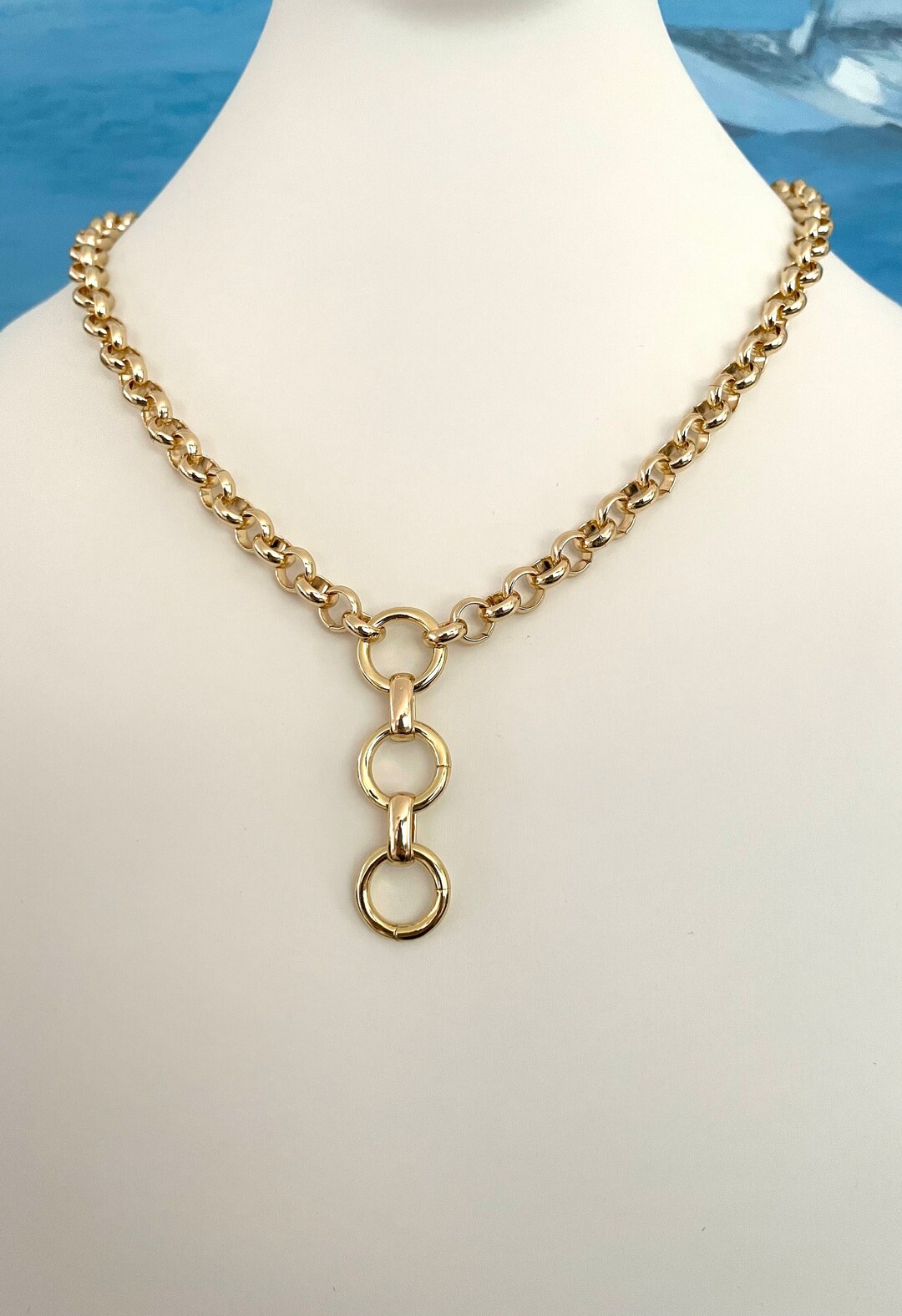 Chunky Rolo Chain Necklace, Gold Charm Holder Necklace, Layering Drop ...