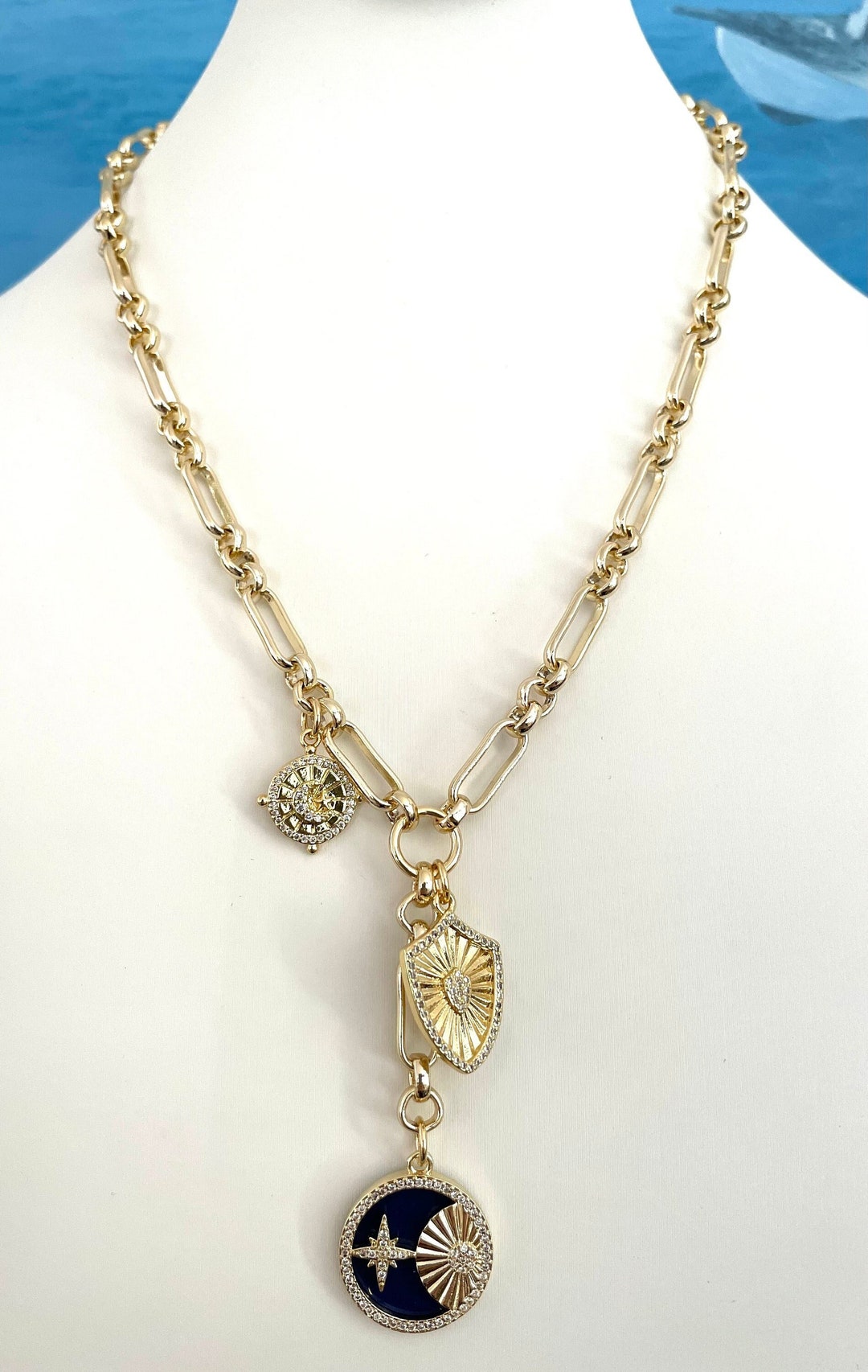18k Gold Filled Paperclip Chain Necklace: Compass, Moon, Star Charms - Etsy