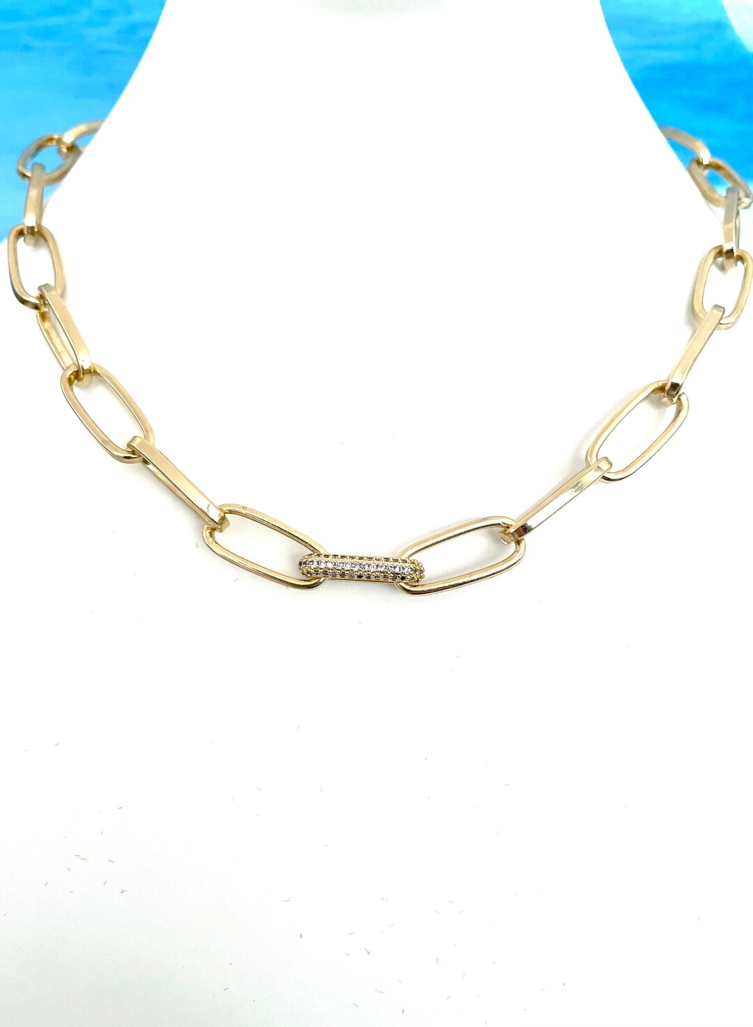 Two Tone Pave Gold Bar Paperclip Link Chain Necklace Layering Necklace ...